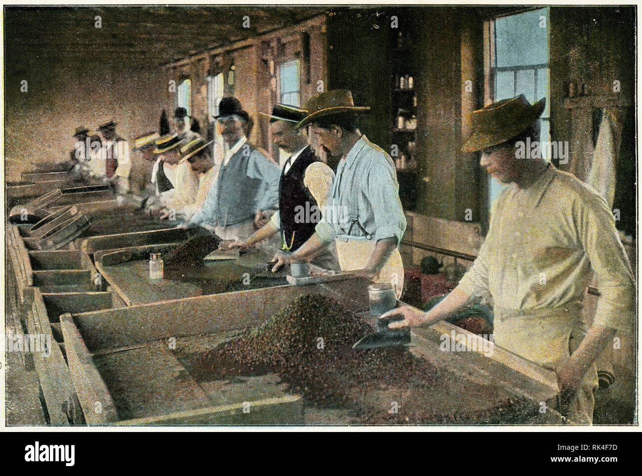 Coloured halftone of men searching for diamonds at a South African mine ...