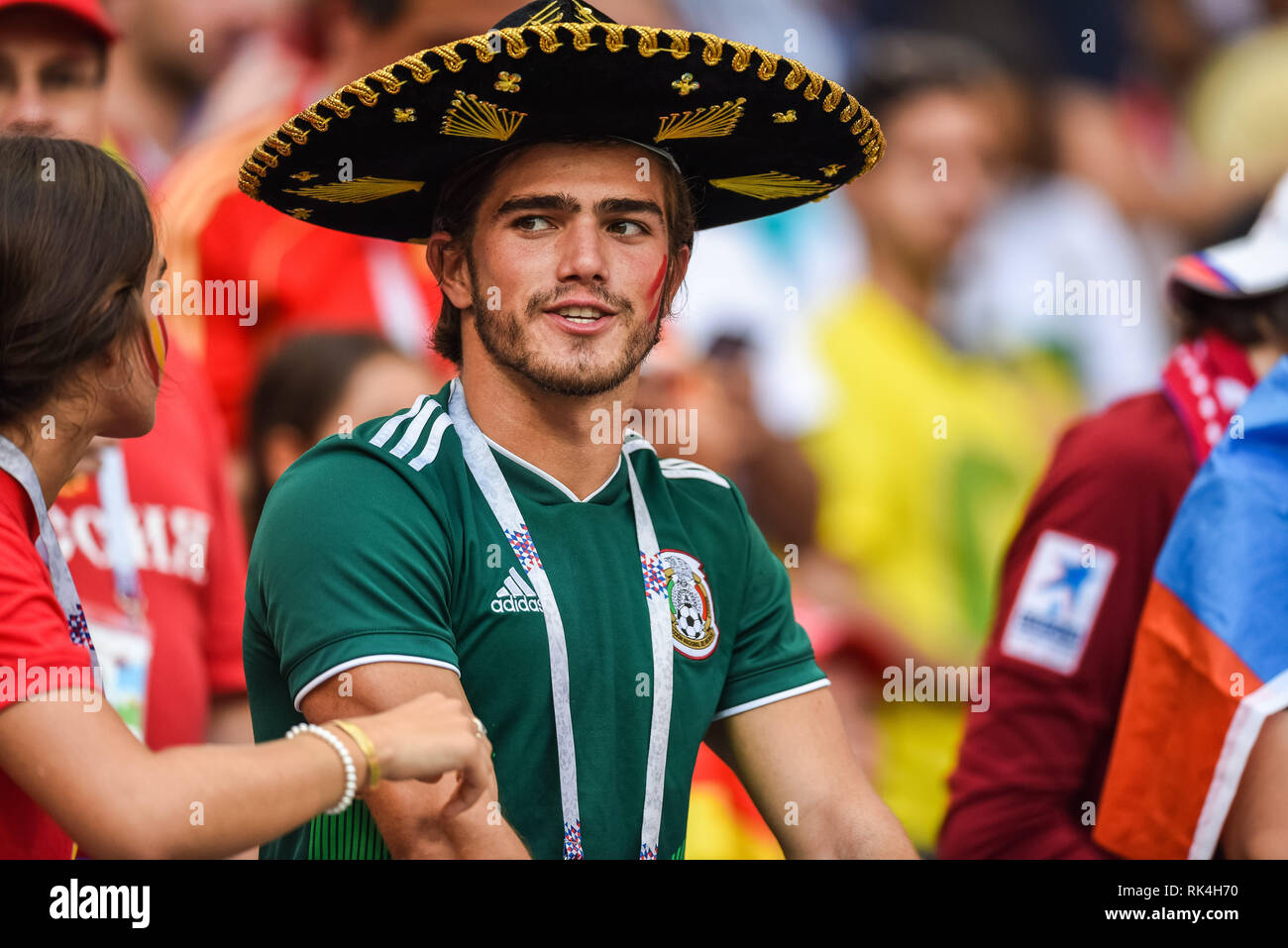 Moscow, Russia - July 1, 2018. Mexican fan in Sombrero hat before FIFA ...