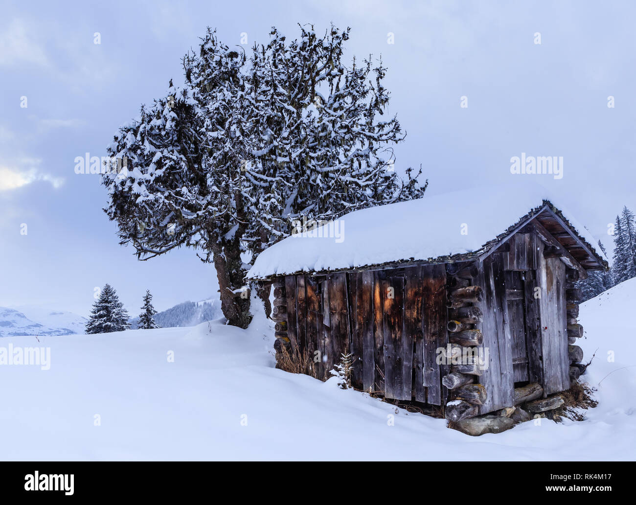 Shed in the mountains. Ski Resort Laax. Switzerland Stock Photo - Alamy