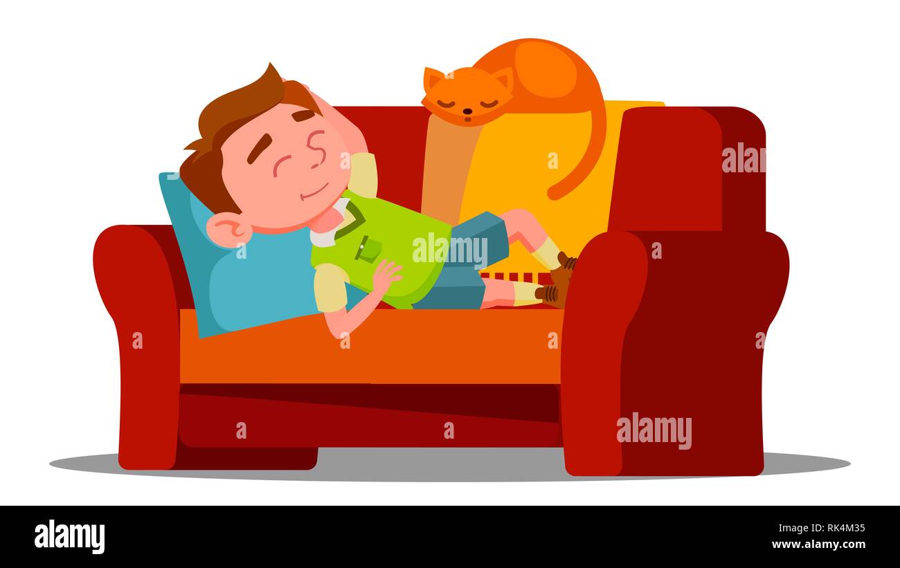 Tired Little Boy Sleeping On The Couch Next To Sleeping Cat Vector ...