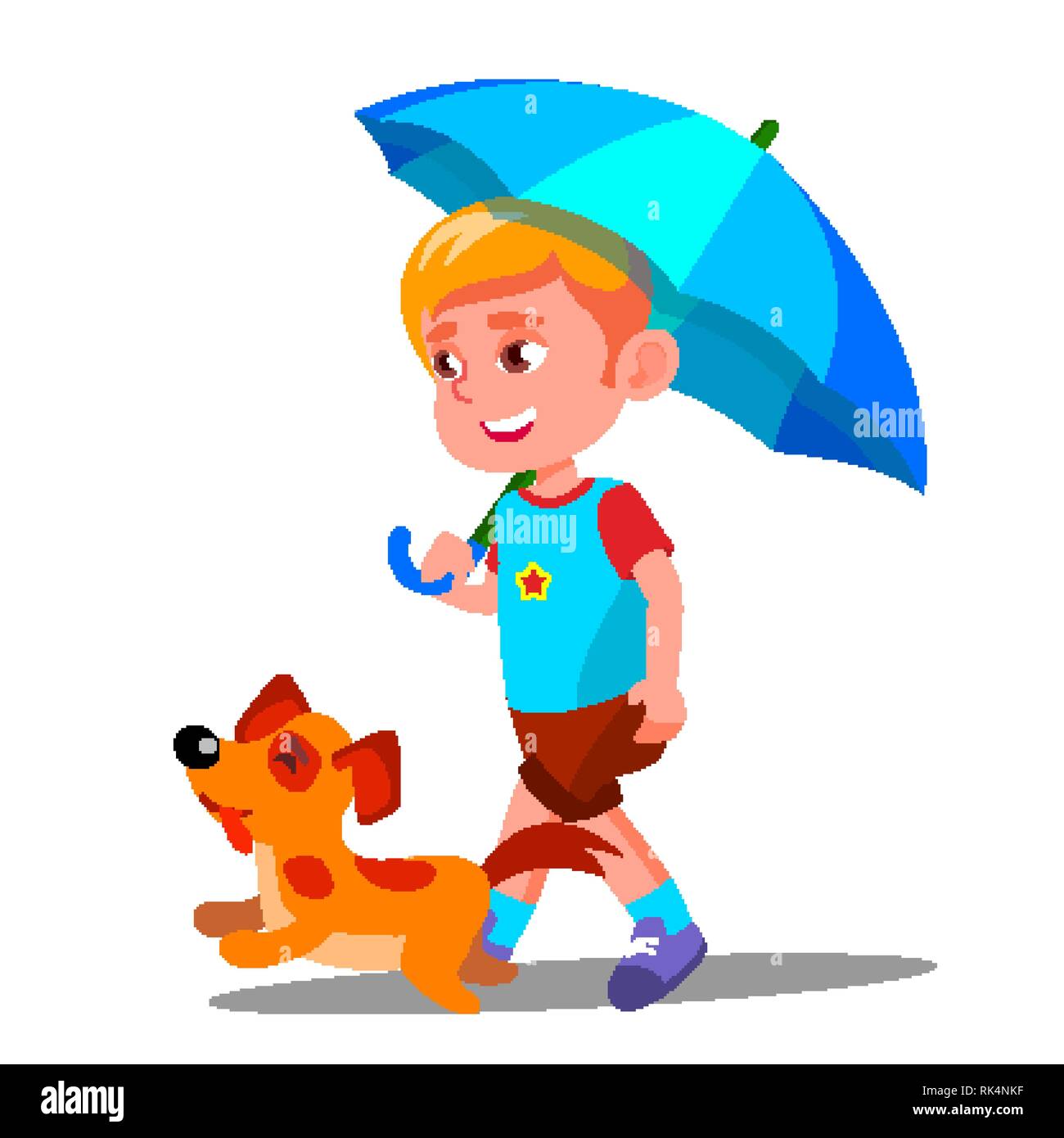 Little Boy Walking A Dog Under Umbrella In The Rain Vector. Isolated ...