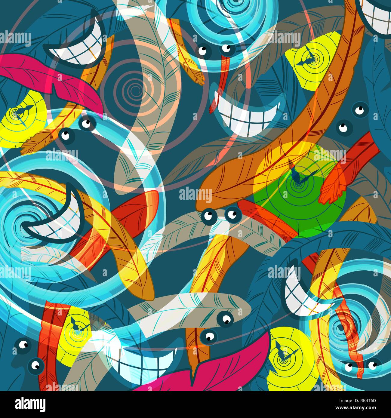 abstract madness and time rush background with clocks , eyes, feathers ...