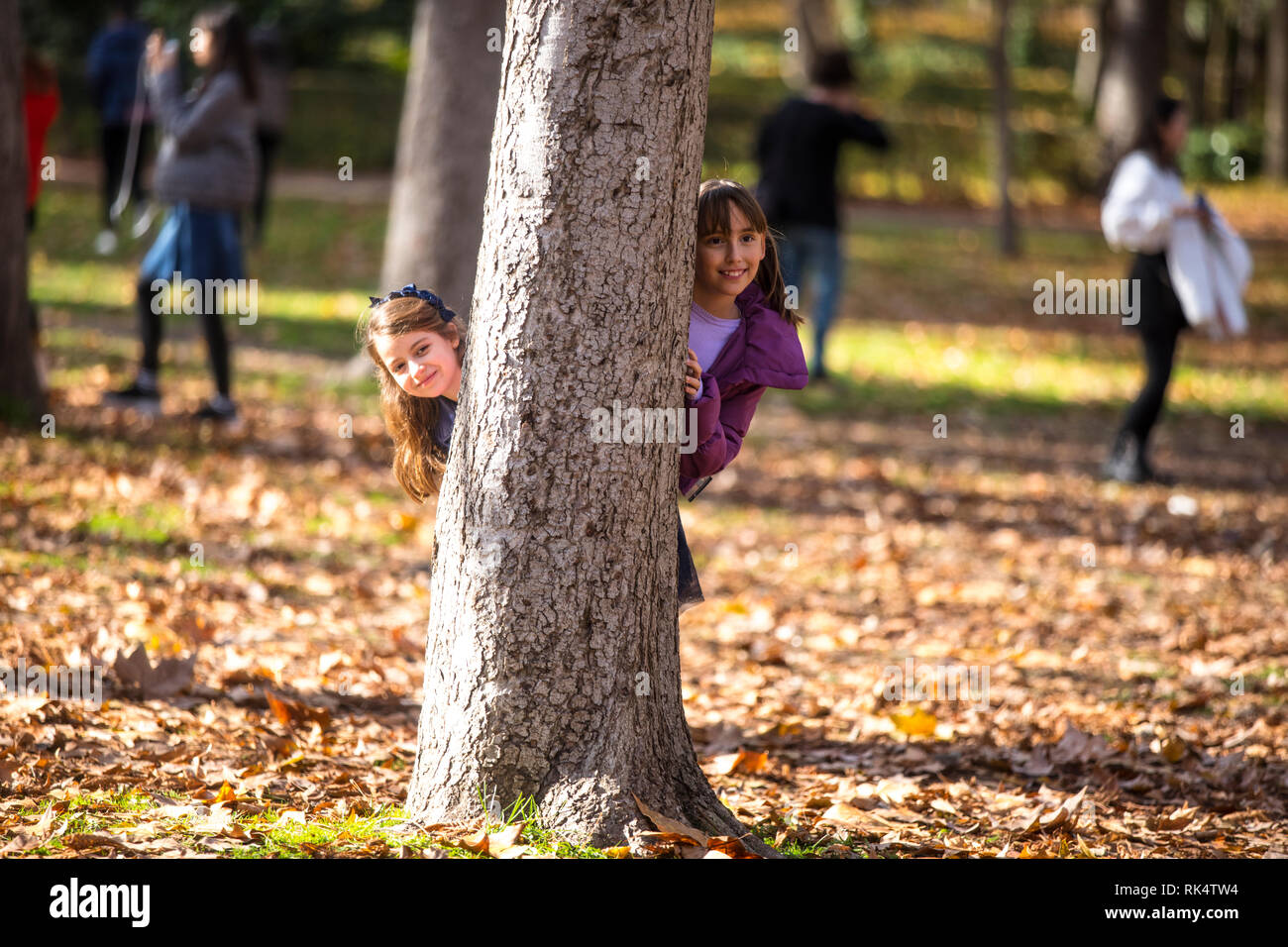 Boy girl hide behind tree hi-res stock photography and images - Alamy