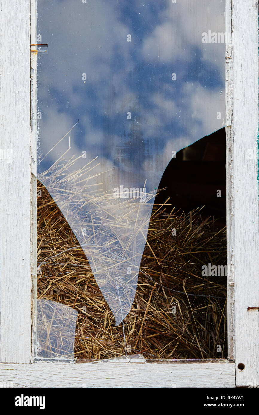 Broken glass in an old window of the hayloft. old village barn with old ...