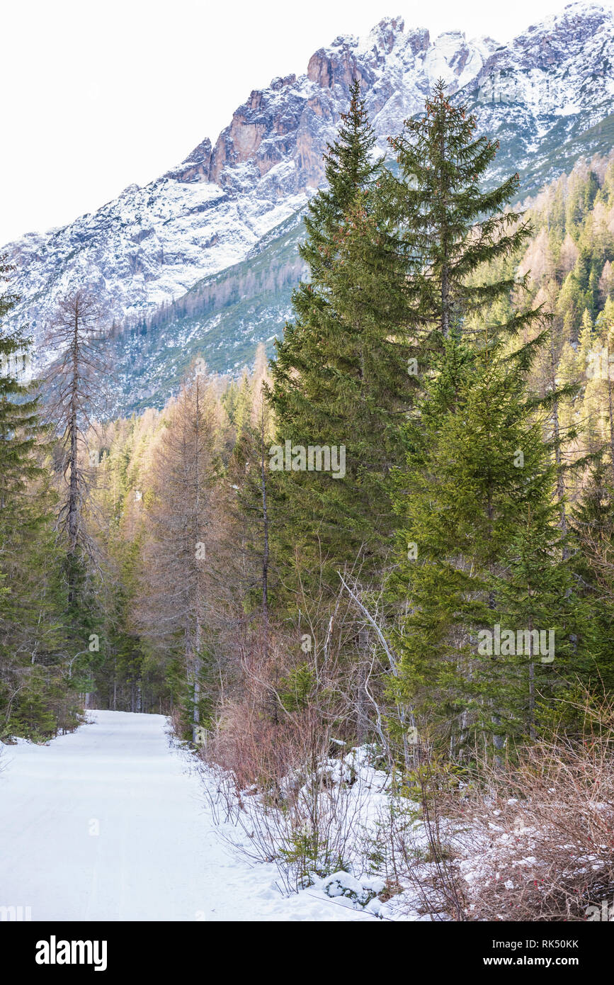 Dolomites in winter. Tre Scarperi Refuge Stock Photo - Alamy