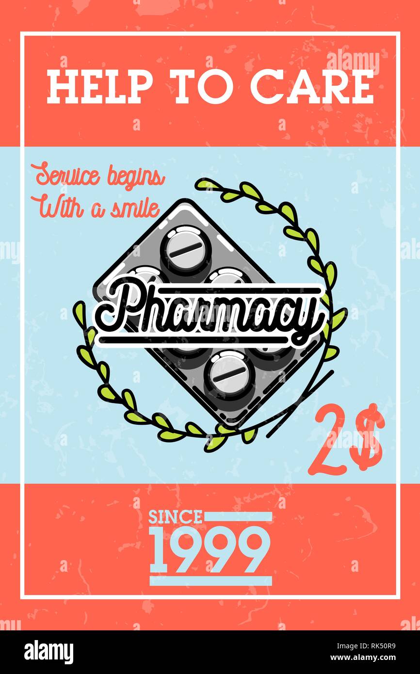 Color vintage pharmacy banner with design elements. Vector illustration ...