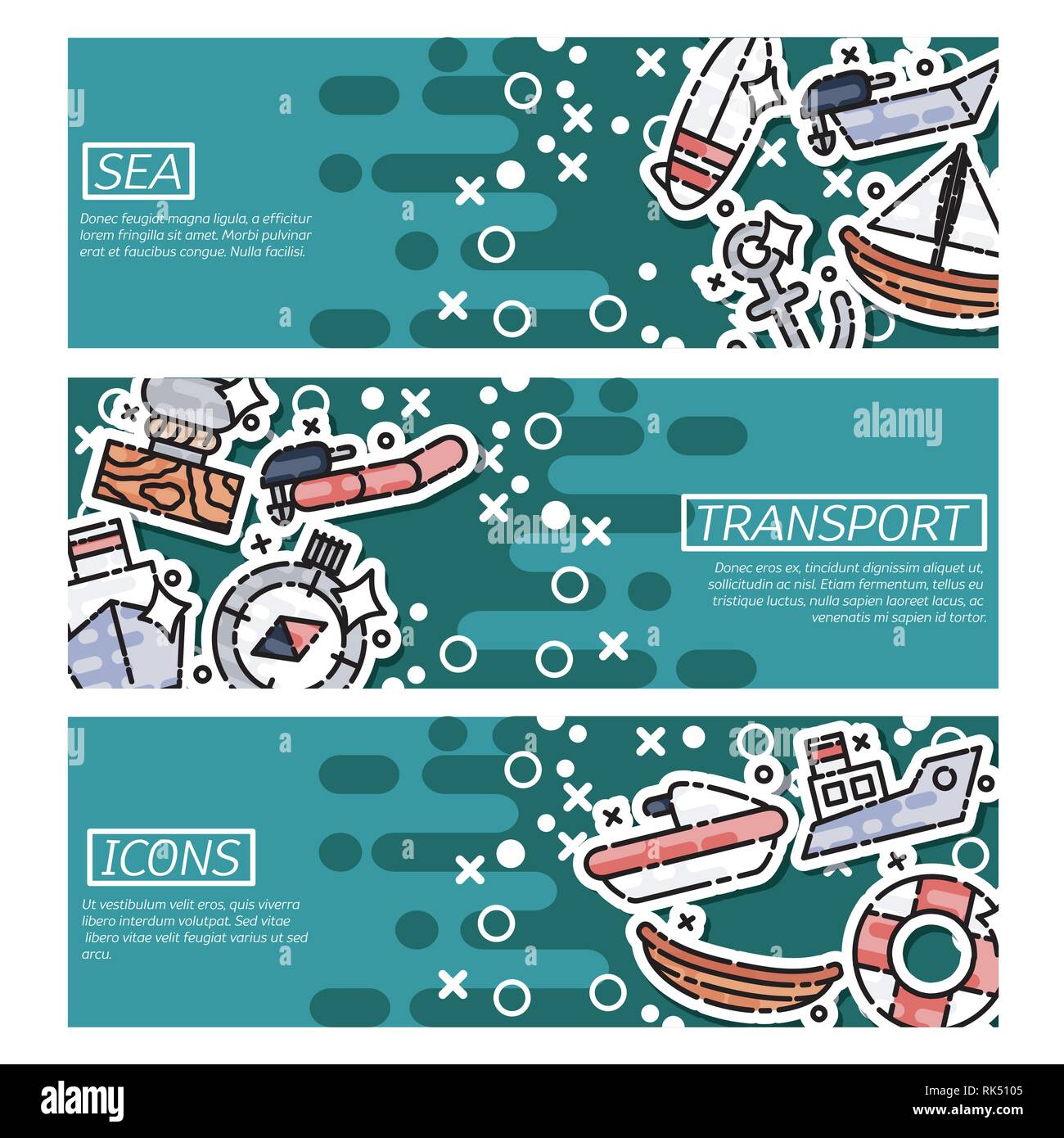 Set of Horizontal Banners about sea transport. Summer leisure trip and ...