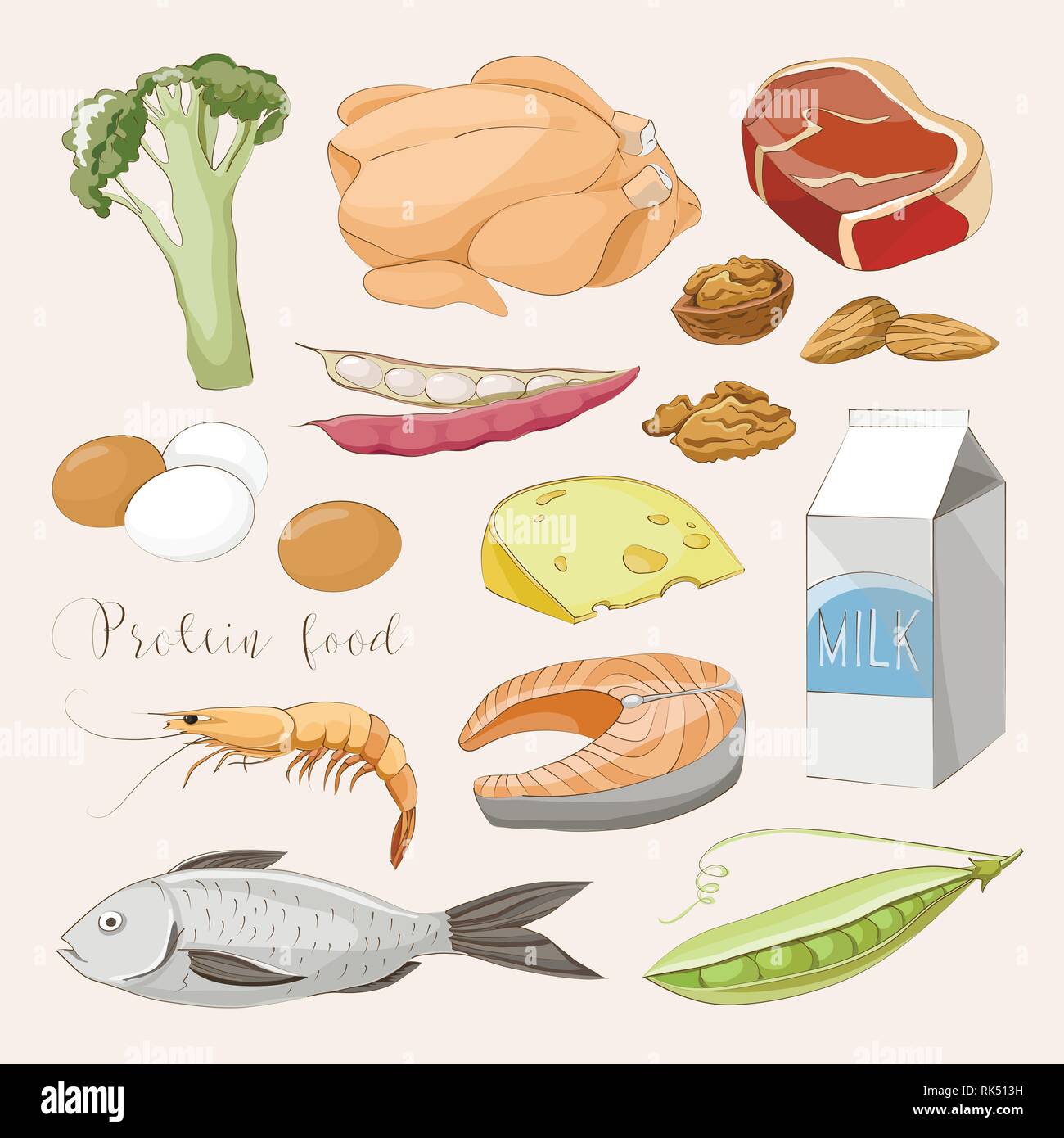 Best protein food icons for healthy diet with salmon beans almonds and ...