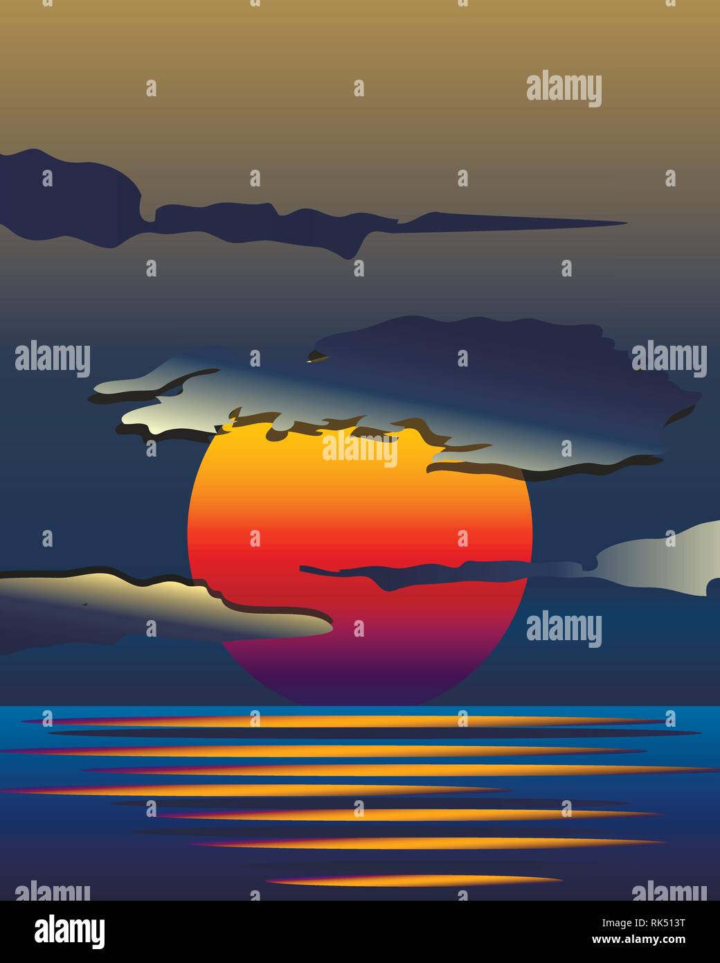 Sunset dusk ocean shore blue Stock Vector Images - Alamy
