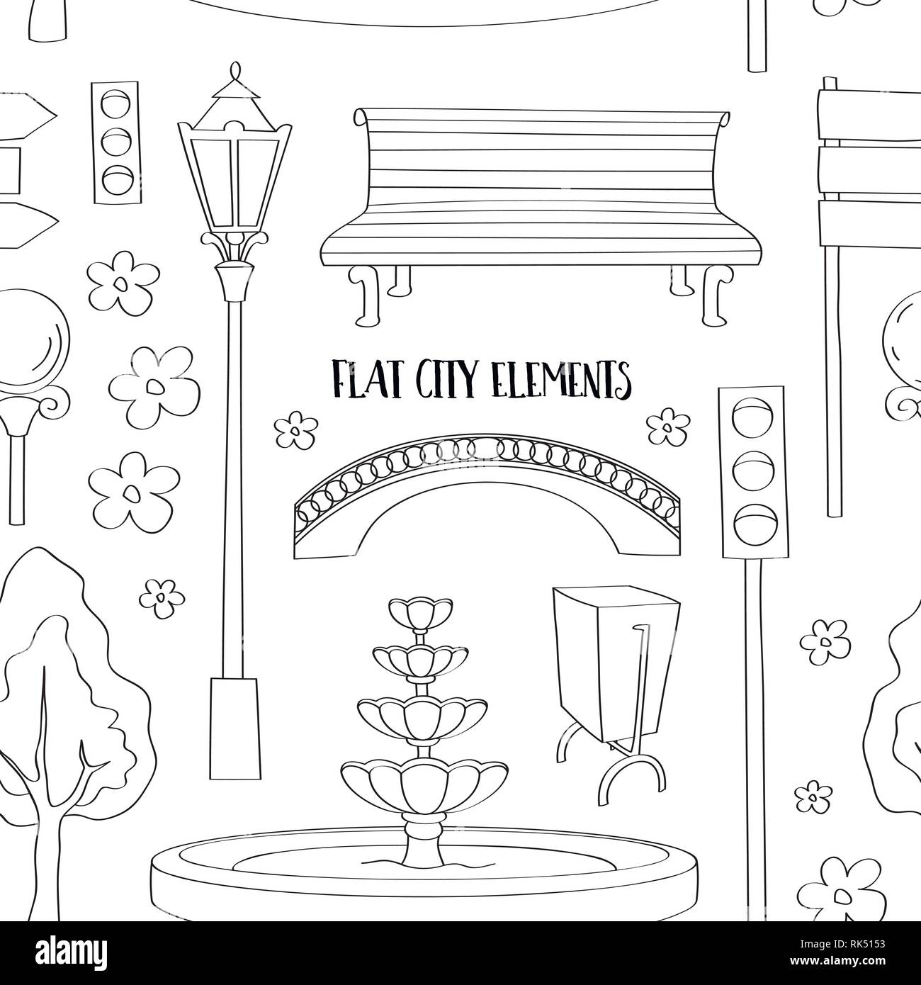 City street urban elements icon set pattern. Lights and outdoor ...