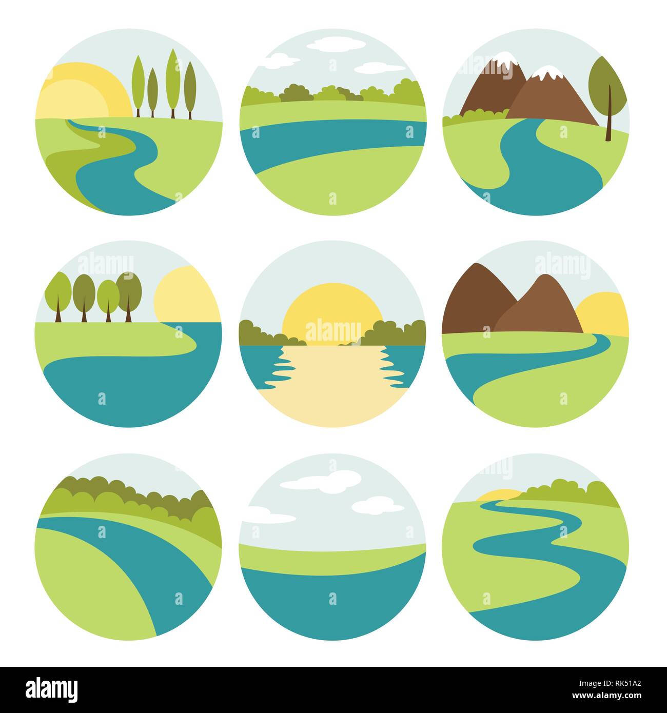 River and Landscape icons. Symbols of ecology nature and travel sea and ...