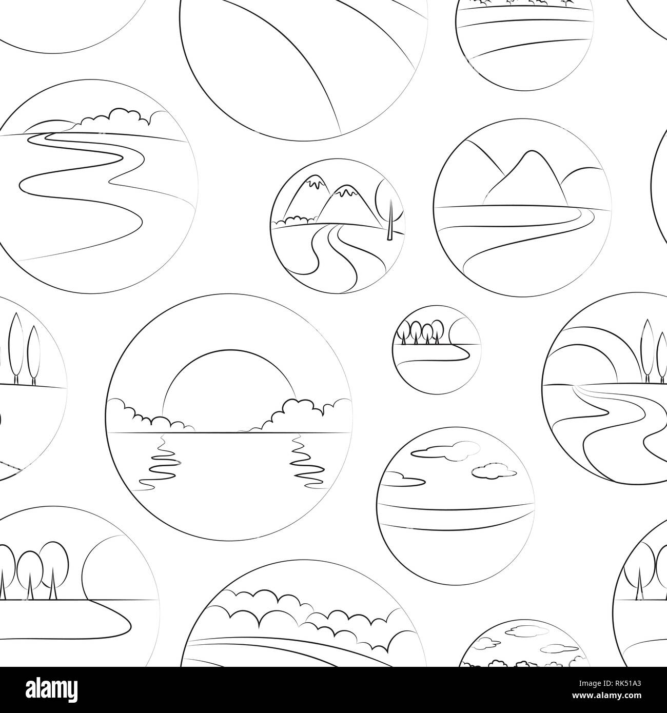 River and Landscape icons pattern. Symbols of ecology nature and travel ...