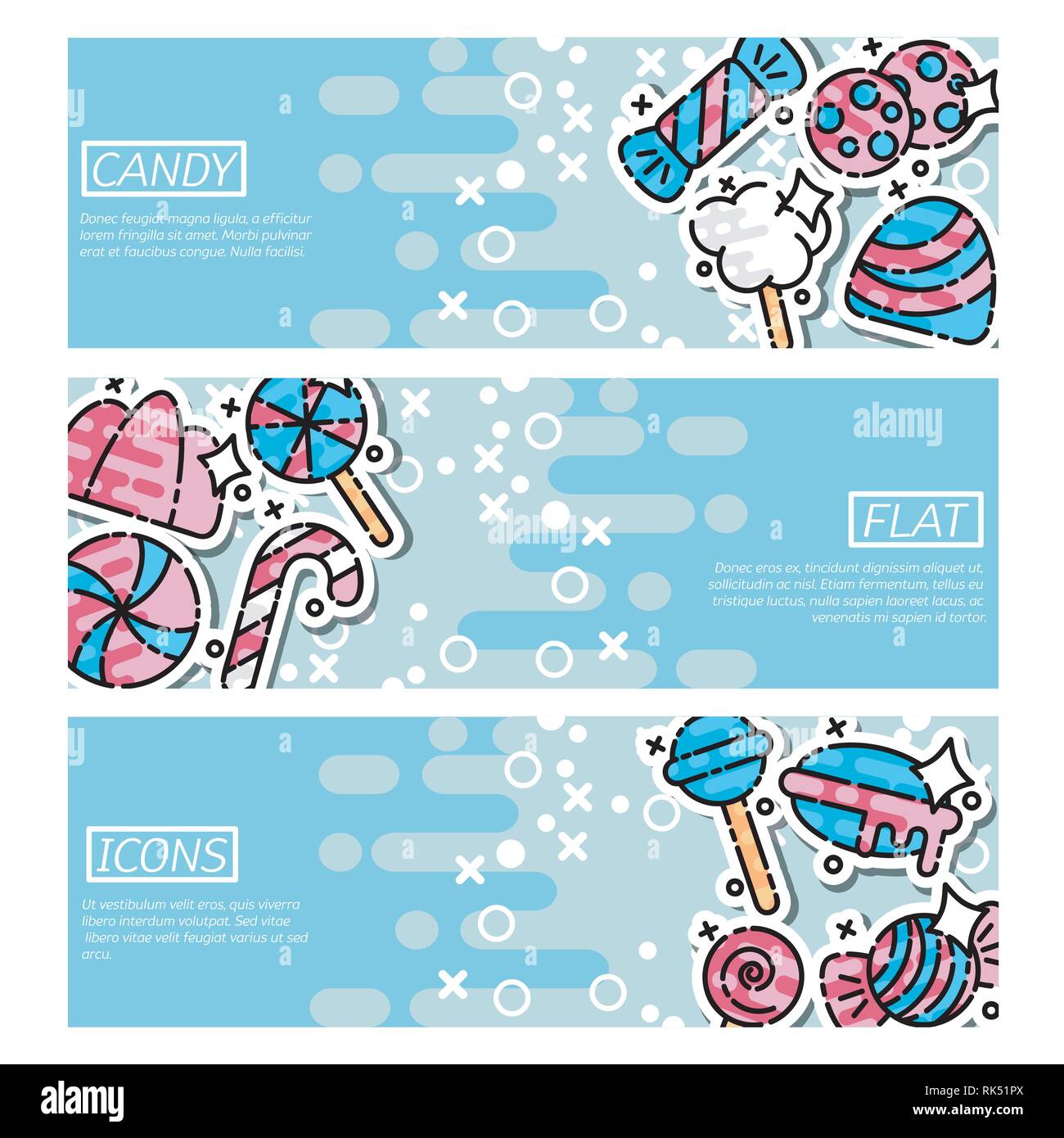 Sweets candies banner horizontal concept set. Flat illustration of 3 ...