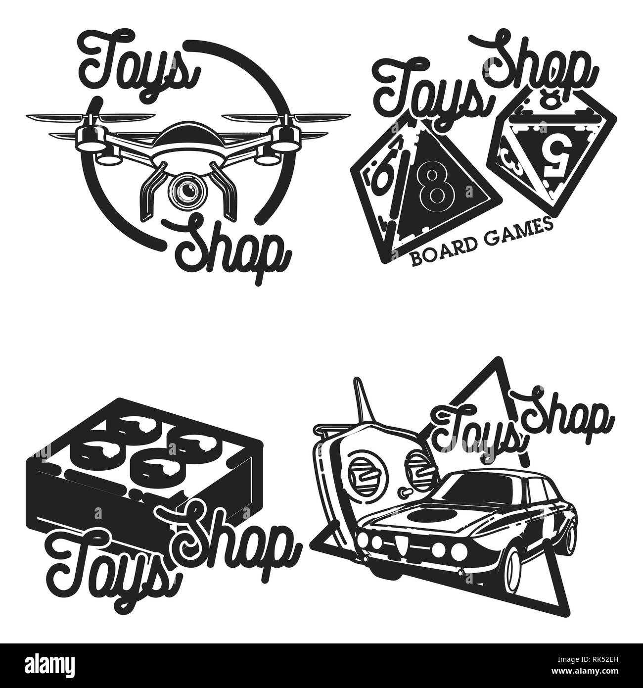 Color vintage toys shop emblems with design elements. Vector ...