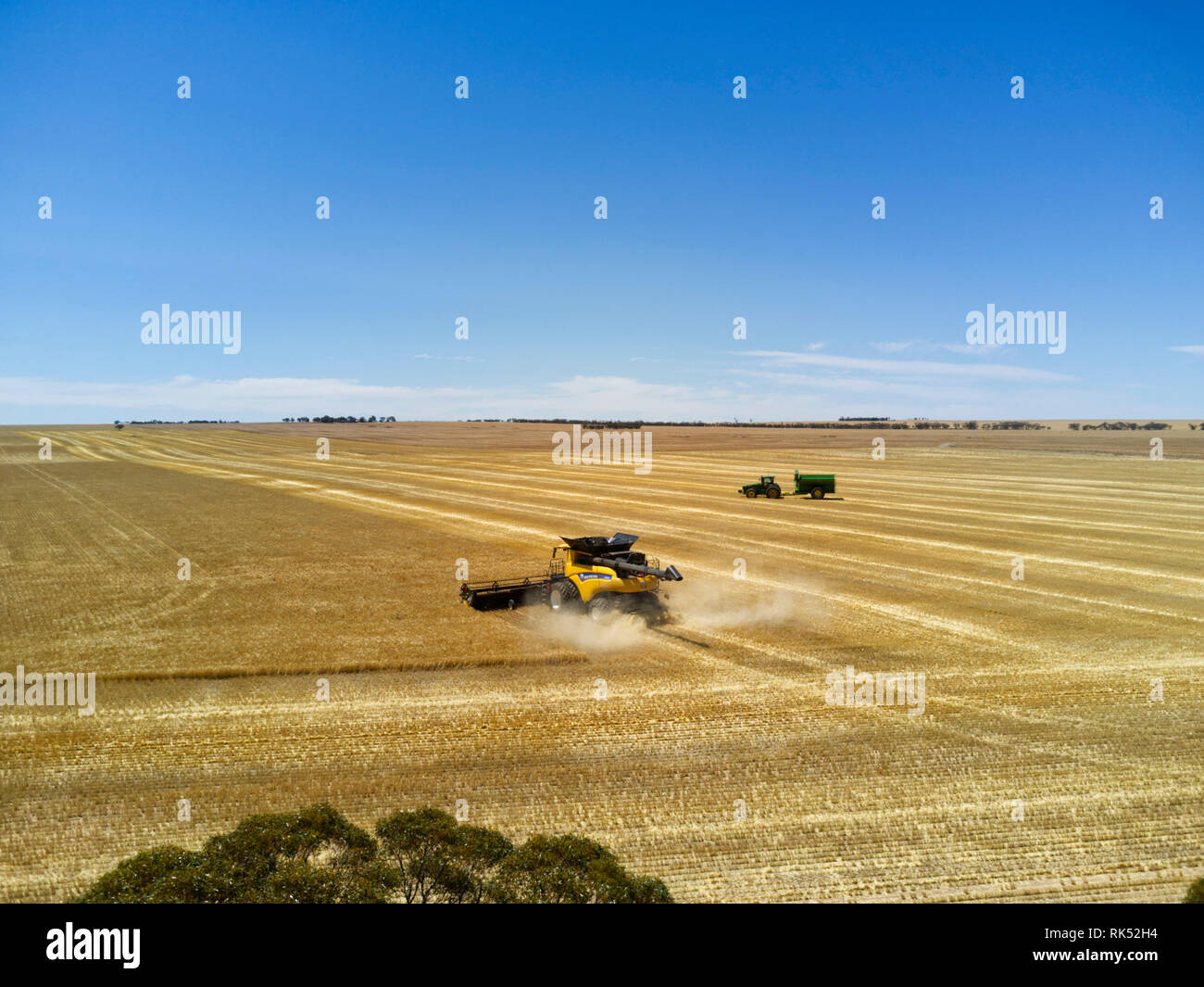 Aerial of barley harvesting with a combine harvester and tractor chaser ...