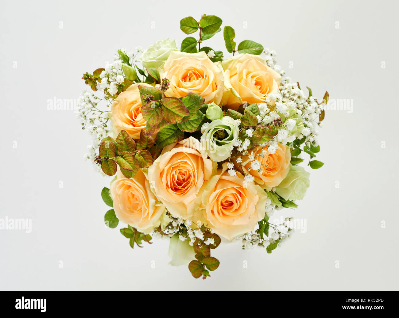 Beautiful wedding bouquet of roses, viewed in close-up from above on ...