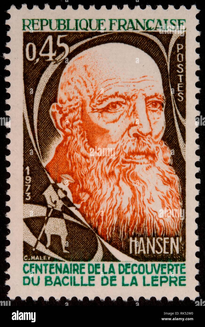 Armauer Hansen, a Norwegian physician, portrait on a French stamp ...