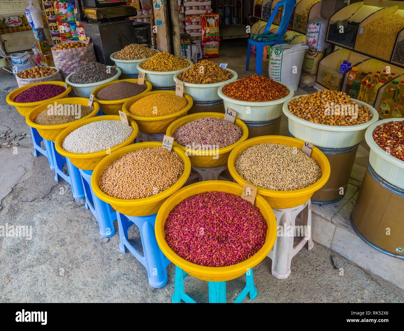 Legumes in different colors, bazaar of Kermanshah, Iran, Asia Stock ...