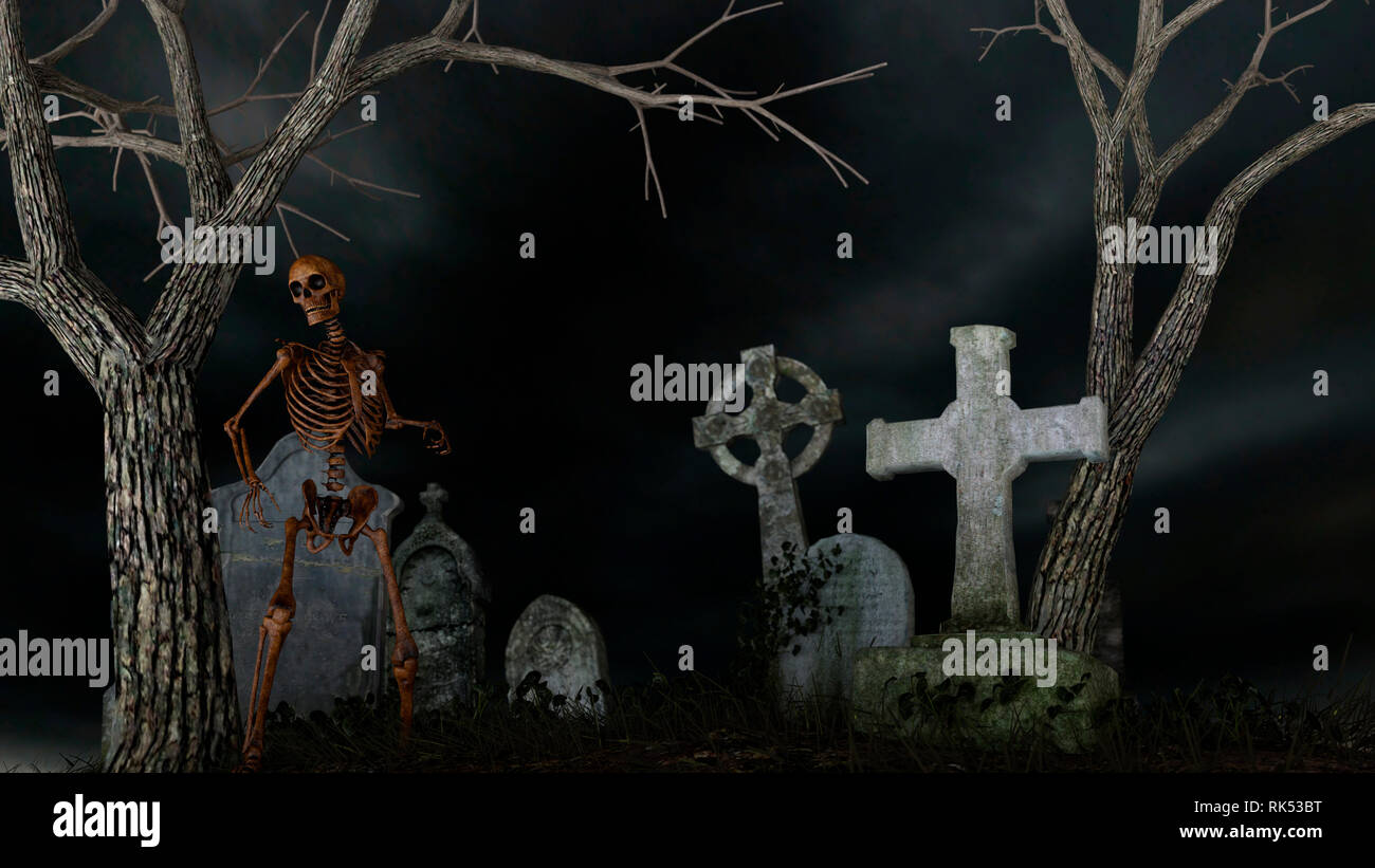 Skeleton in a spooky cemetery at night - 3d rendering Stock Photo - Alamy
