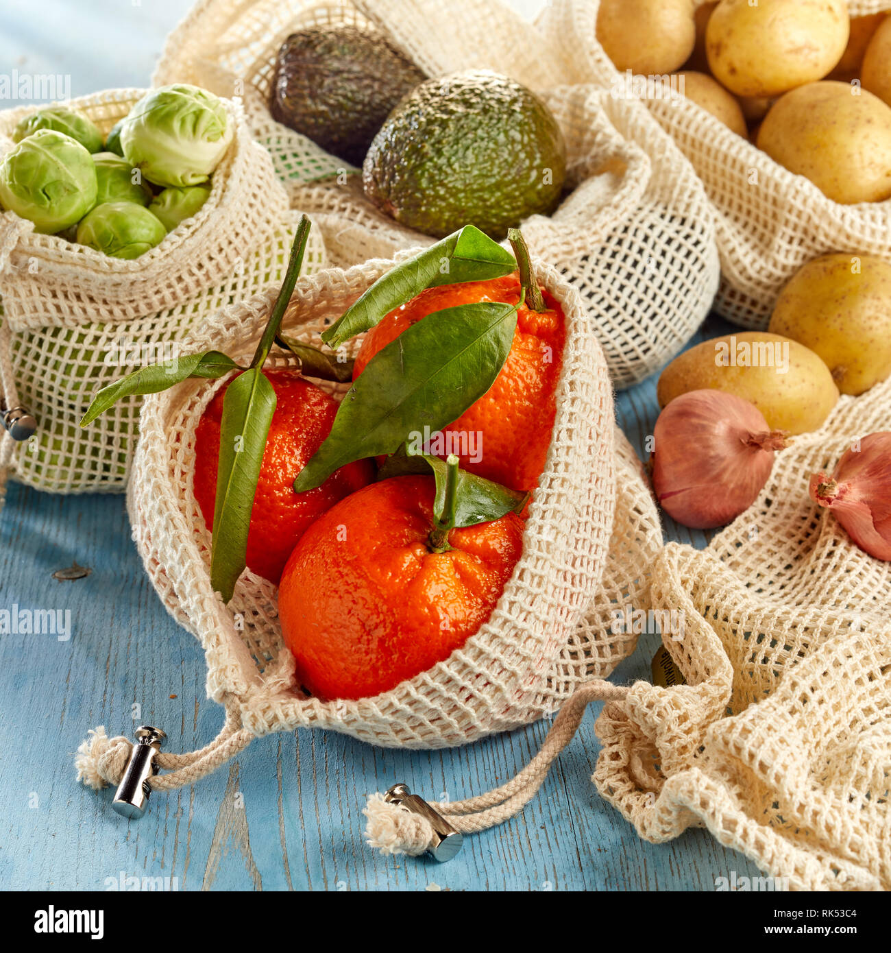Fresh fruits and organic vegetables from local market packed in eco ...