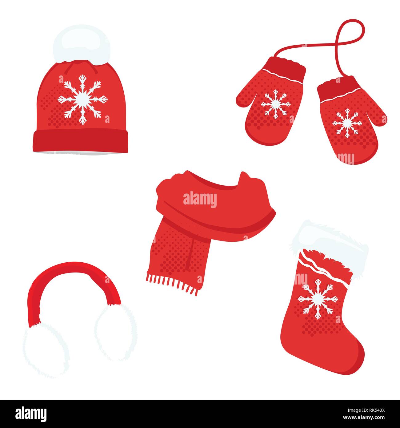 Red winter clothes with snowflake. Knitted hat, christmas sock, ear ...