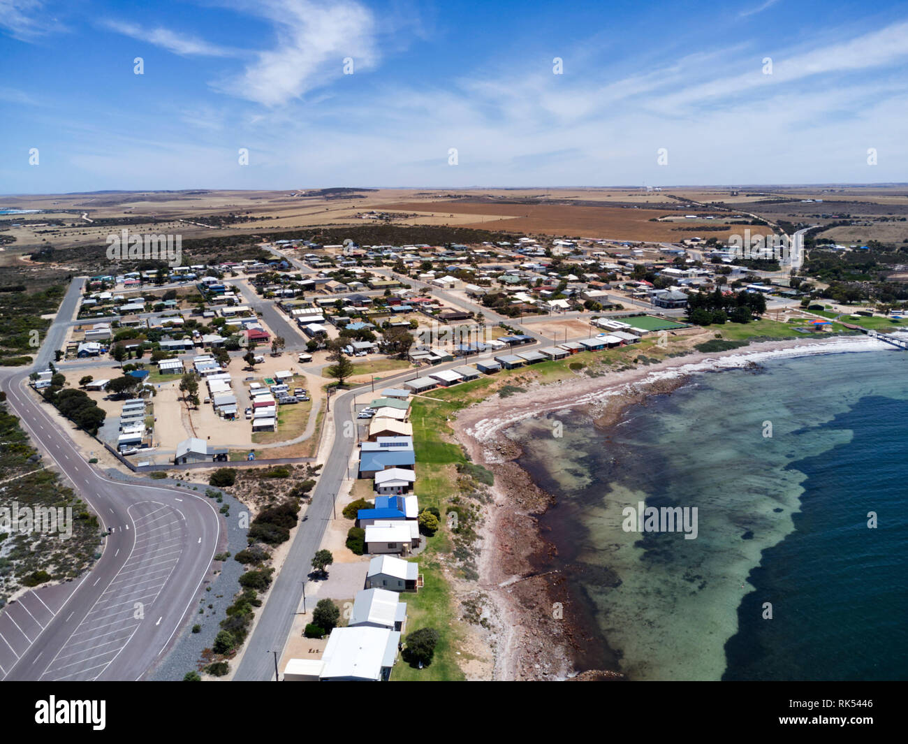 Aerial of caravan park on the shores of Mottled Cove Port Neill Spencer ...