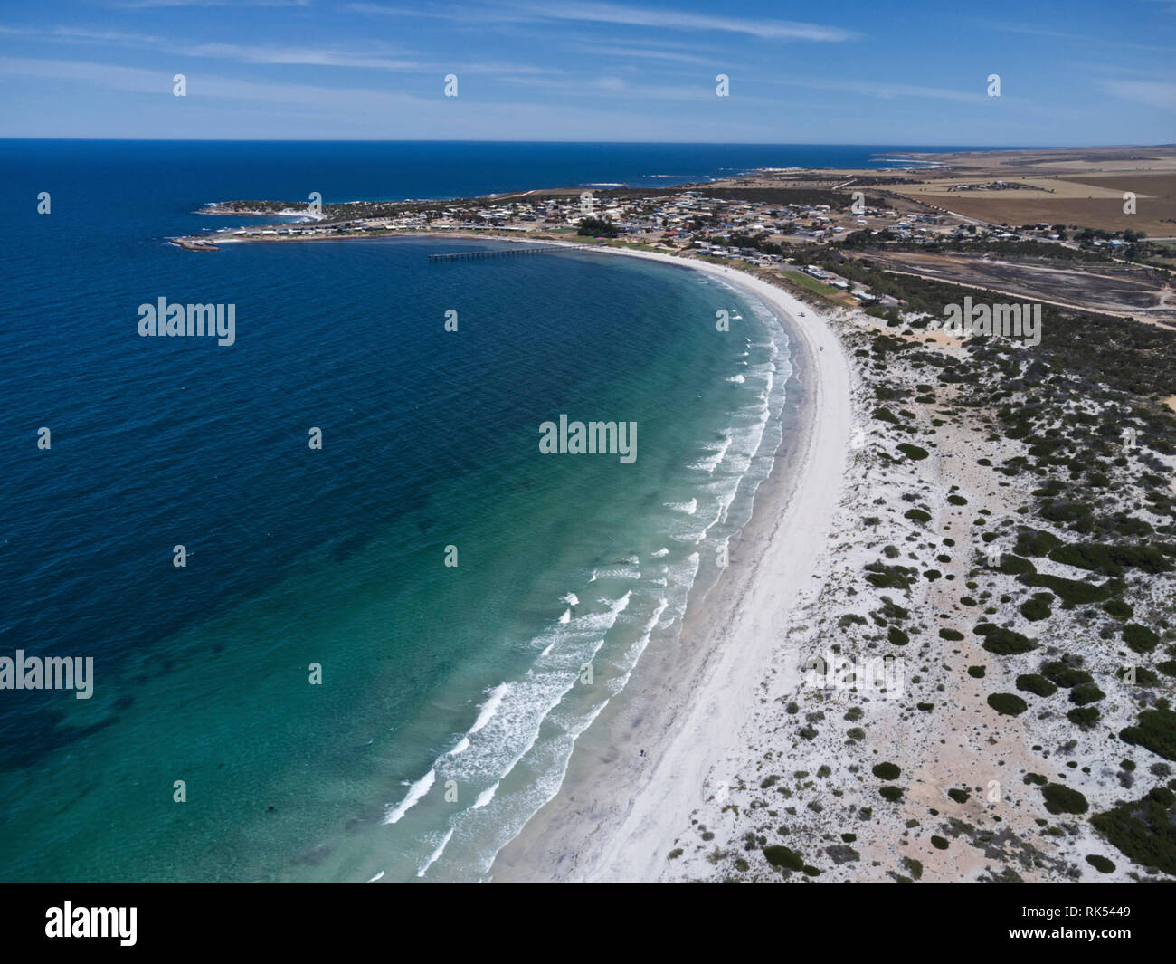 Aerial of Mottled Cove in the small coastal community of Port Neill ...
