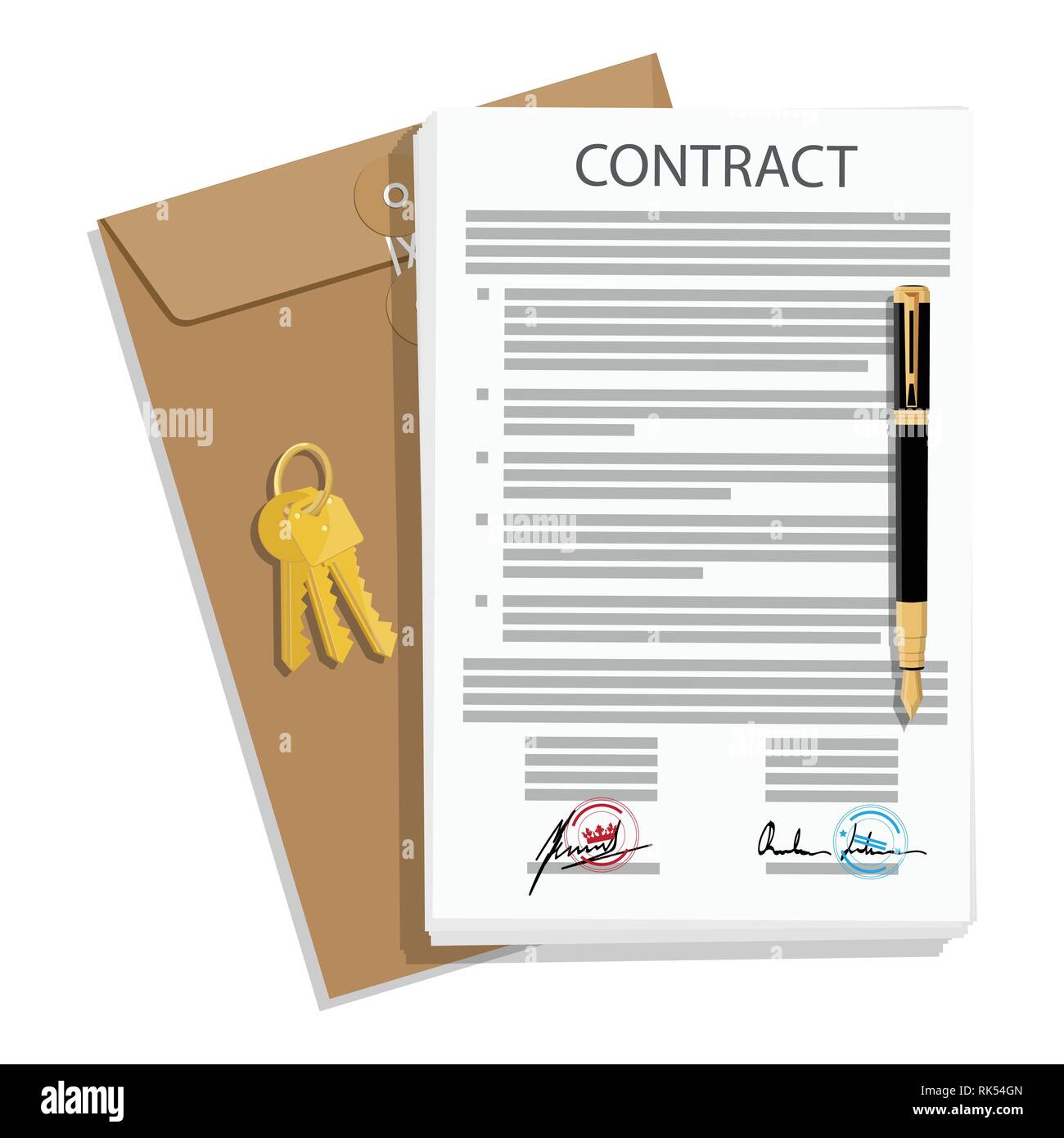 Vector illustration of signed business contract or agreement , brown ...