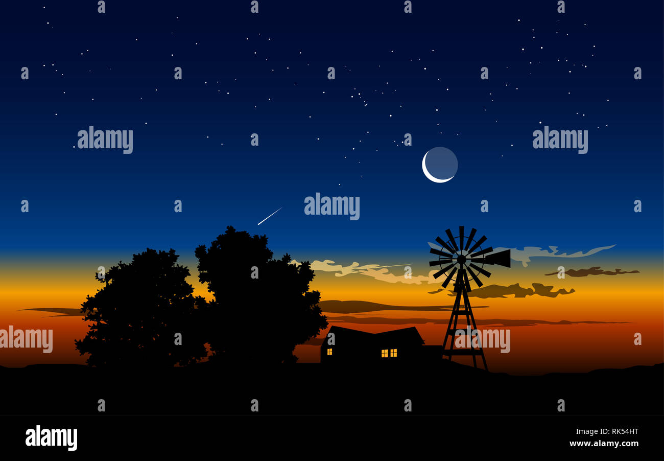 nature illustration of house and windmill at night Stock Photo - Alamy