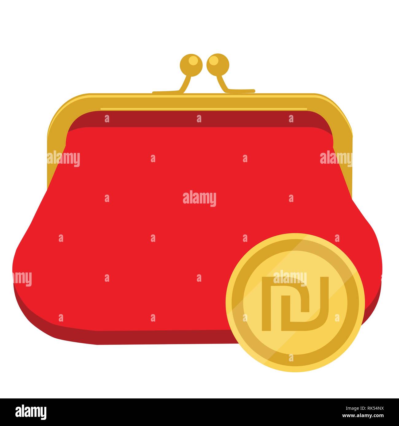 Golden coin with Israeli Shekel currency symbol and red purse, wallet ...
