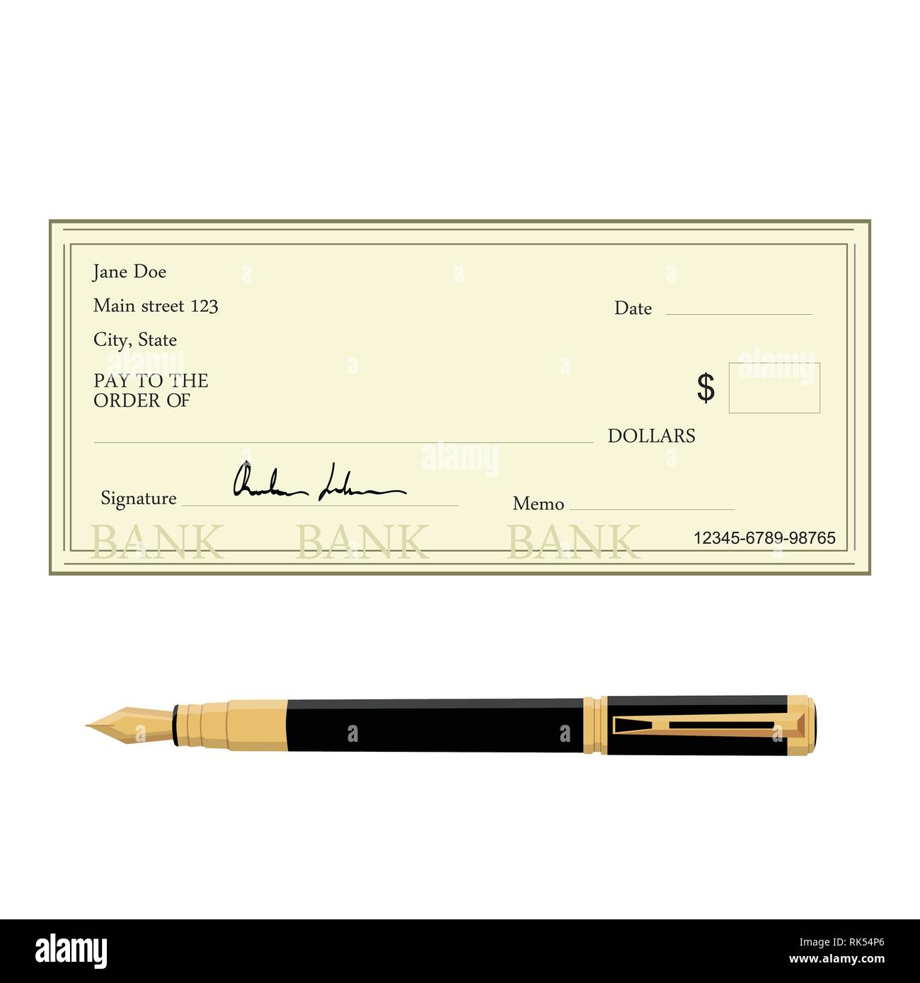 Vector illustration of blank bank check with golden pen. Bank cheque ...