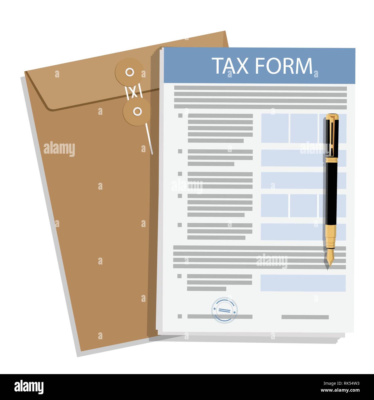 Vector illustration income tax form with brown envelope and fountain ...