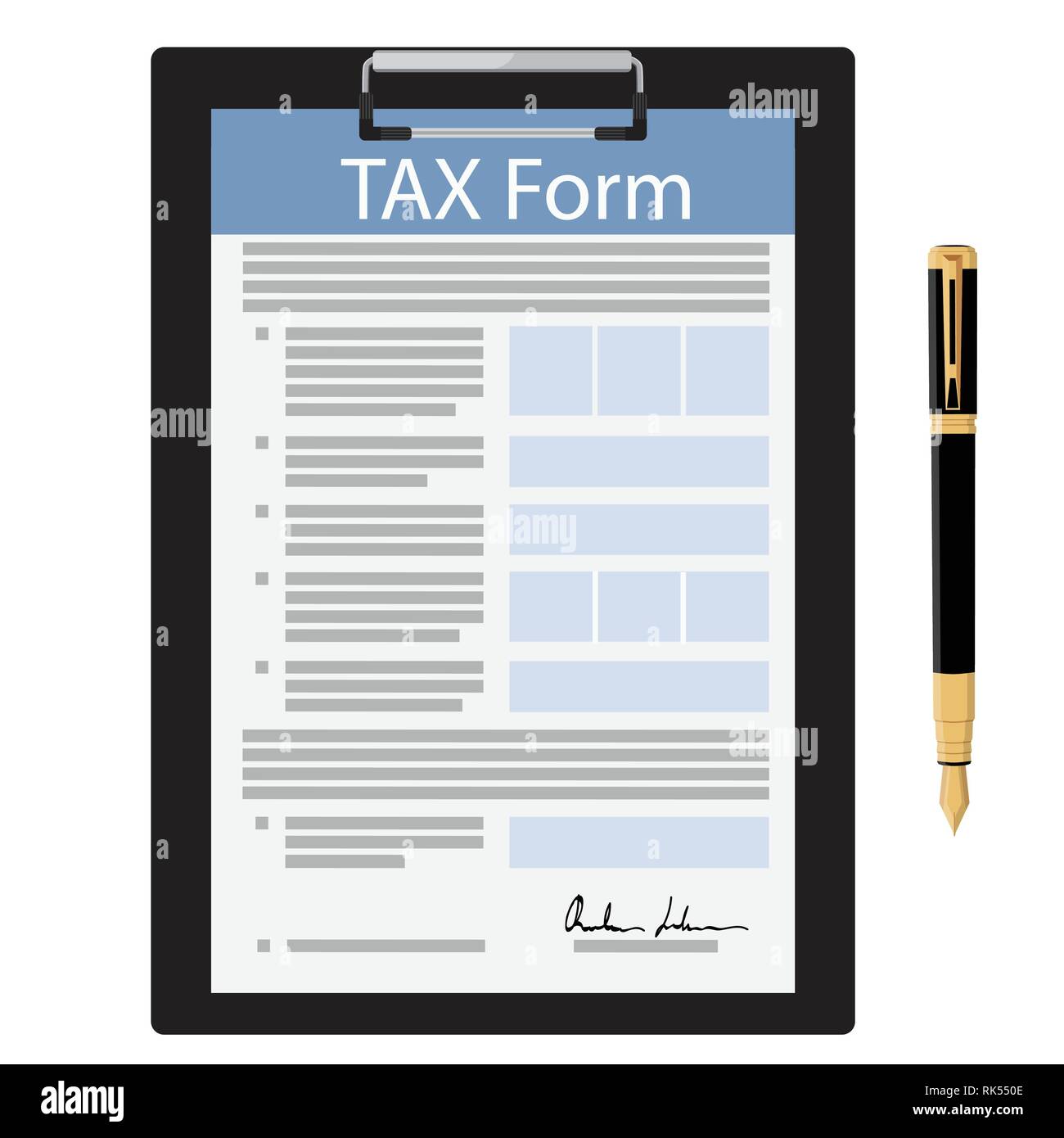 Vector illustration black clipboard with tax form and fountain pen icon ...