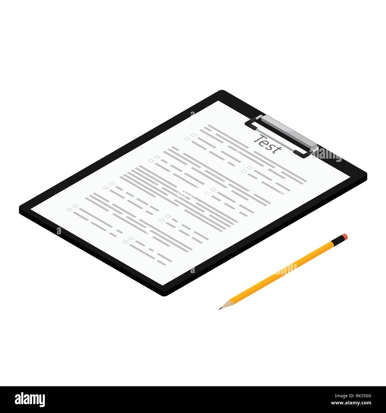 Vector illustration isometric test, exam paper on clipboard and pencil ...