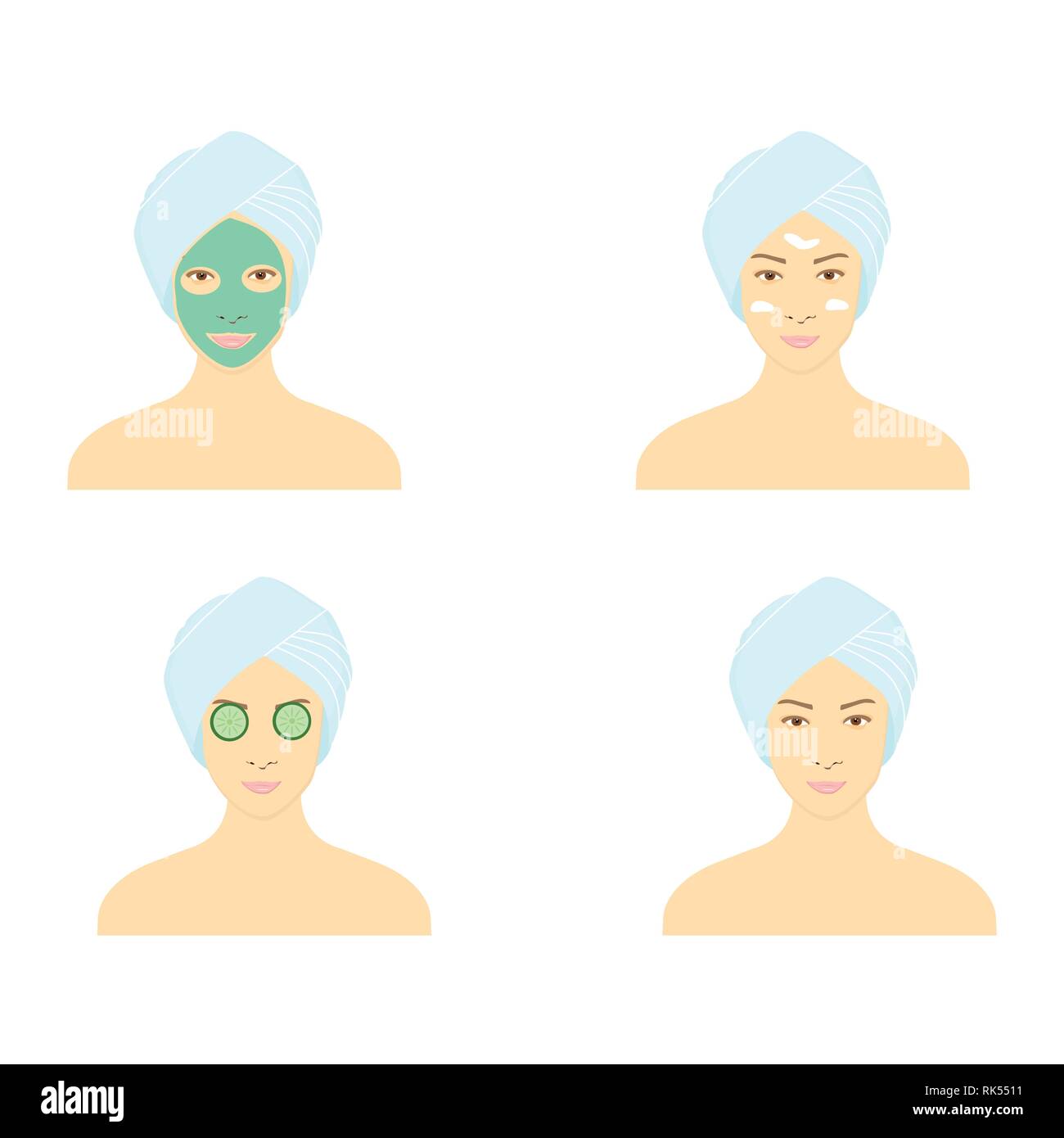 Vector illustration beautiful woman with facial mask of cucumber slices ...