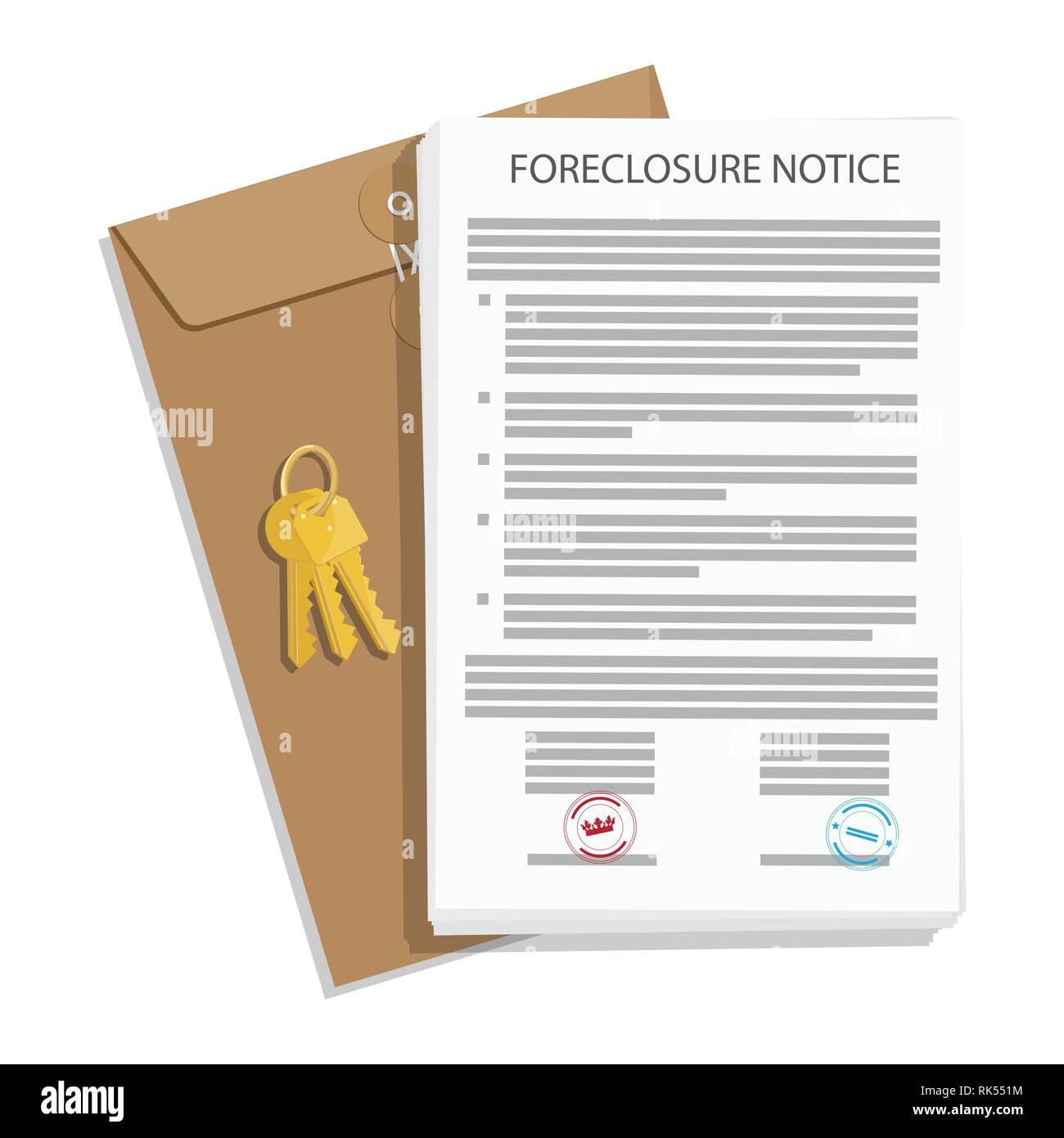 Foreclosure notice, envelope and keys. Vector illustration Stock Vector ...