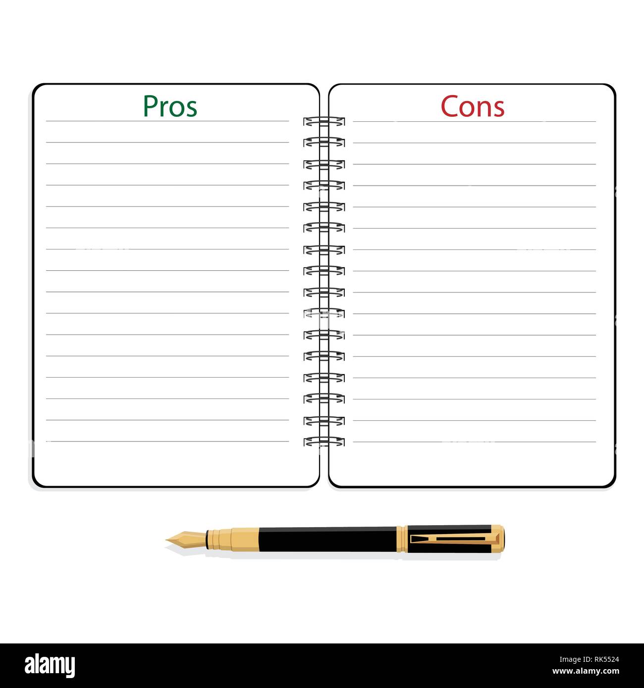 Vector illustration open diary, planner or notebook with pro cons list ...