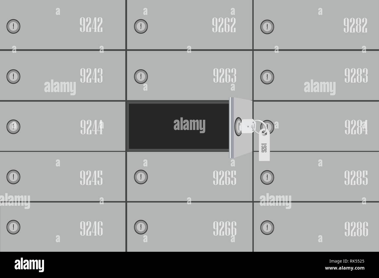 Vector illustration bank deposit boxes with one opened security box and ...
