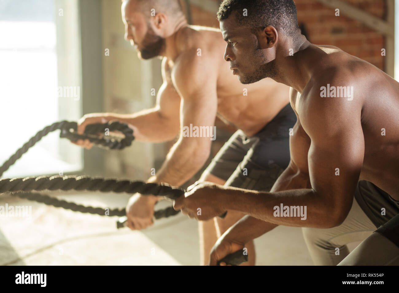 Two multiethnic shirtless male bodybuilders are exercising with ...