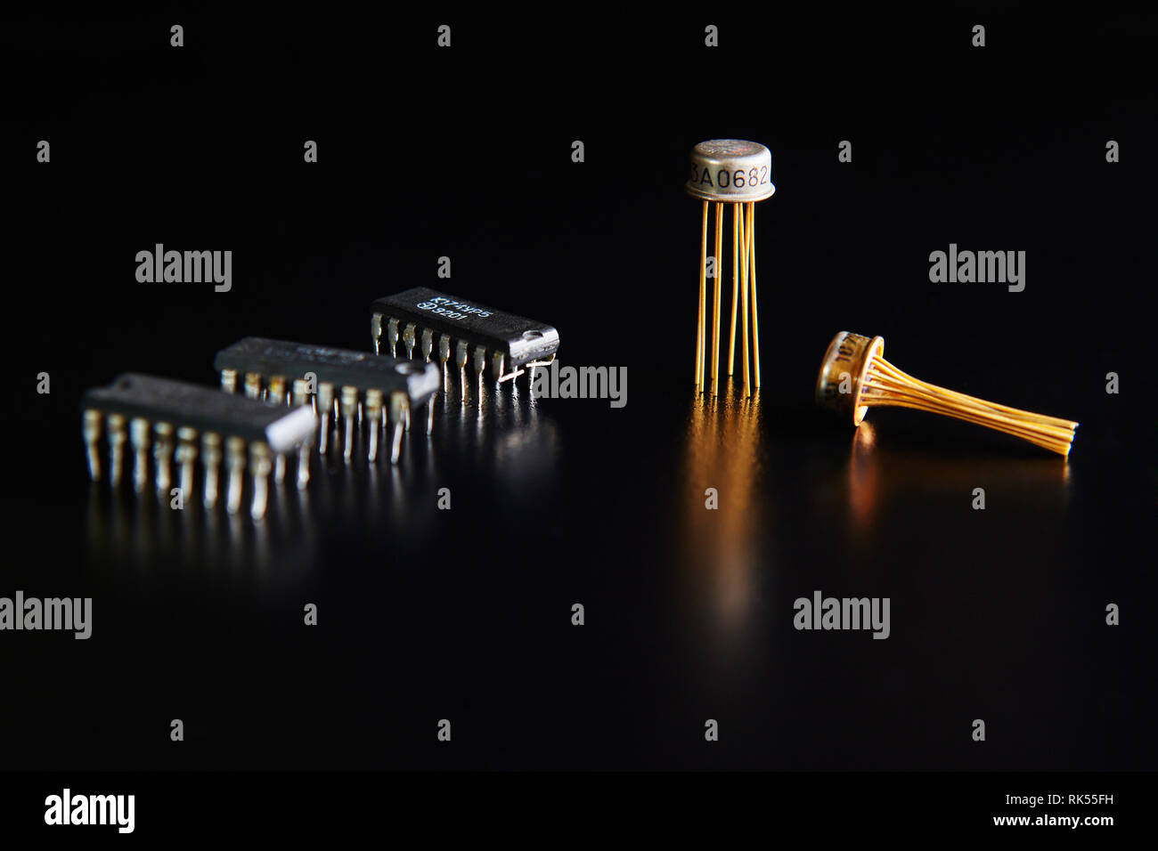 electronic chip and radio components on a black background Stock Photo ...