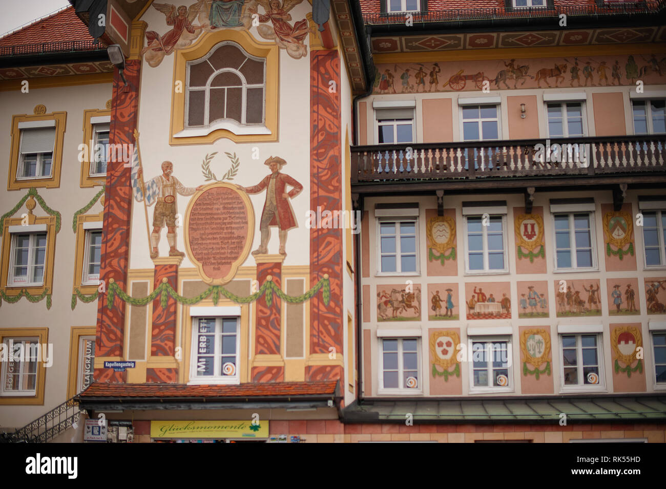 Bad Toelz, Germany - March 10, 2018: the famous old facades with ...