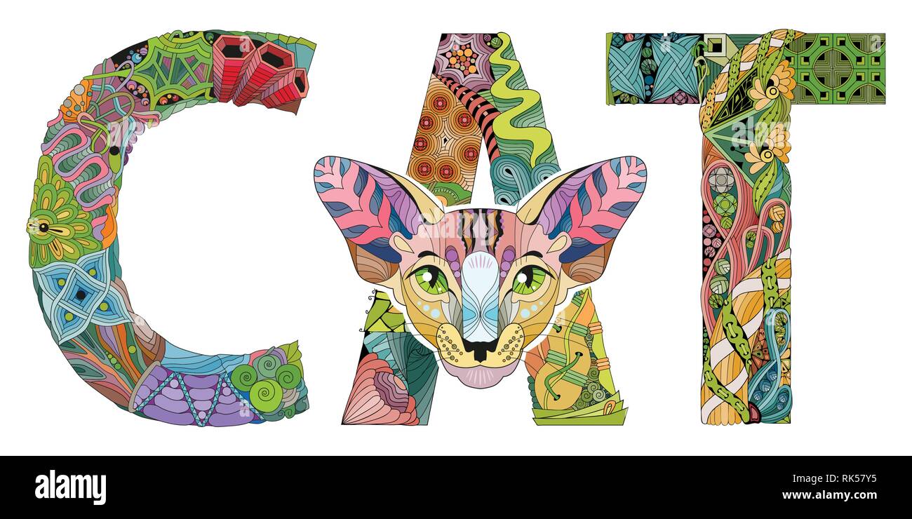 Word CAT with a head of cat. Vector decorative zentangle object Stock ...