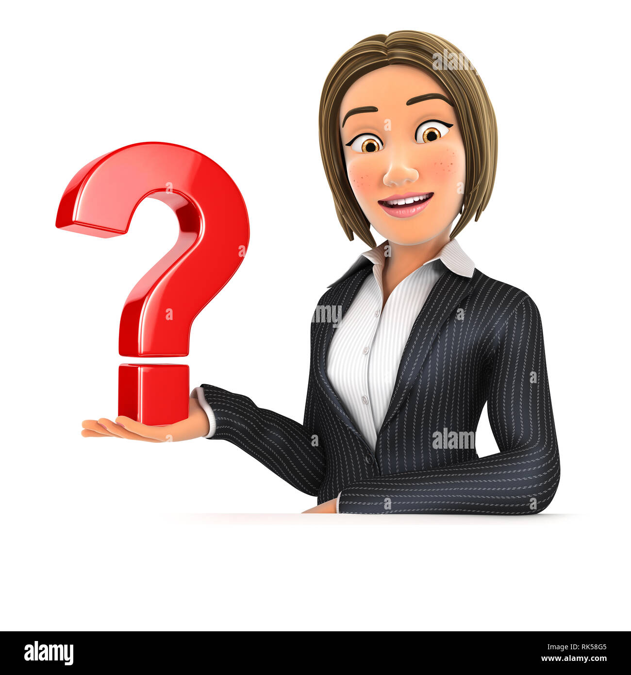 3d business woman presenting question mark, illustration with isolated ...