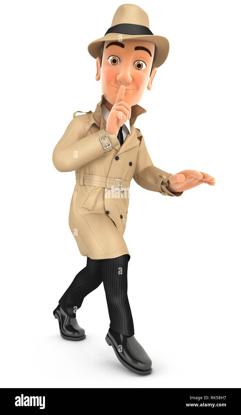 3d detective walking on tiptoe, illustration with isolated white ...