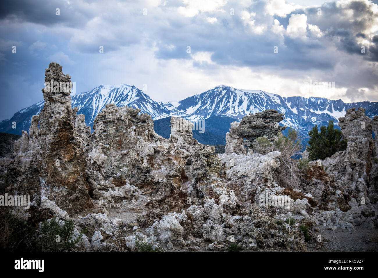 Mono Lake tufa towers formations with the snowcapped Sierra Nevada ...