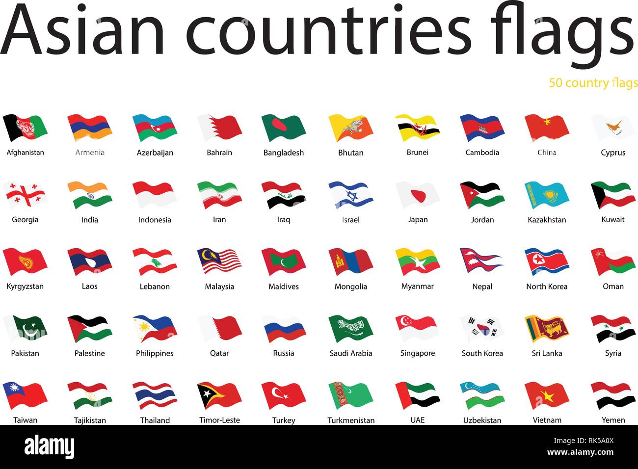 Asian countries waving flags vector icon set. 50 countries flags Stock ...