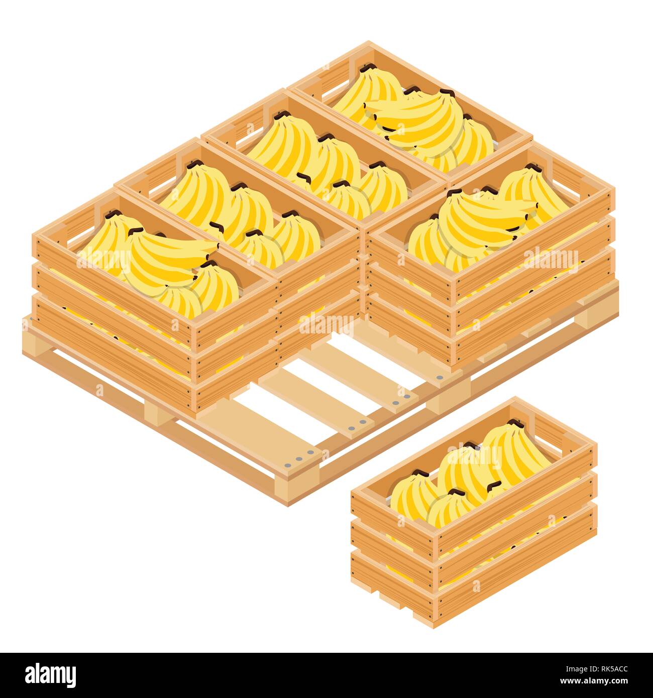 Vector isometric ripe bananas in wooden box on pallet isolated on white ...