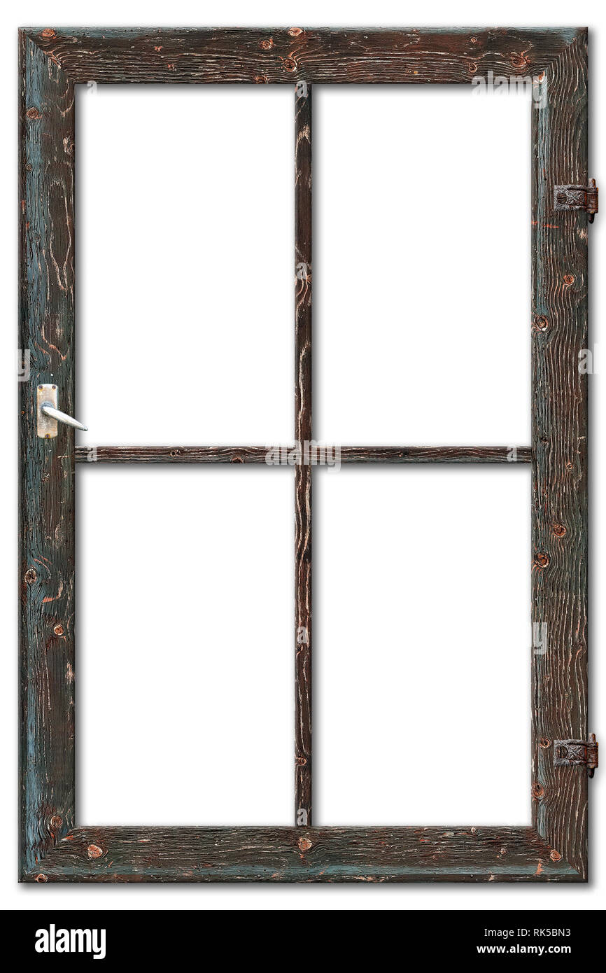 Very aged wooden window frame with cracked paint on it, mounted on a ...