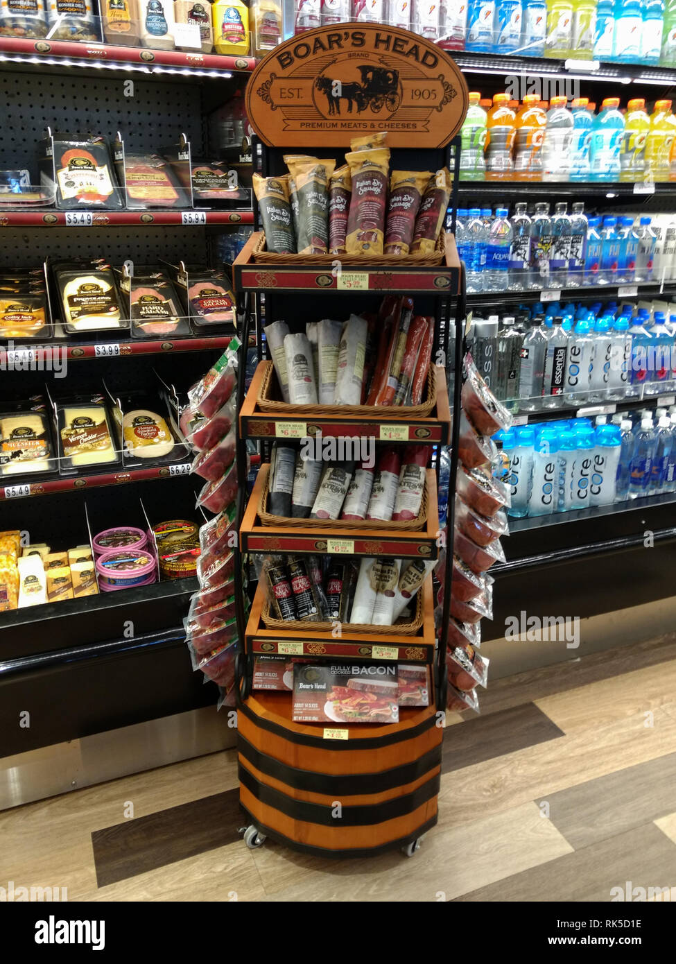 Boar's head meat stand displaying sausages, salami and bacon Stock ...