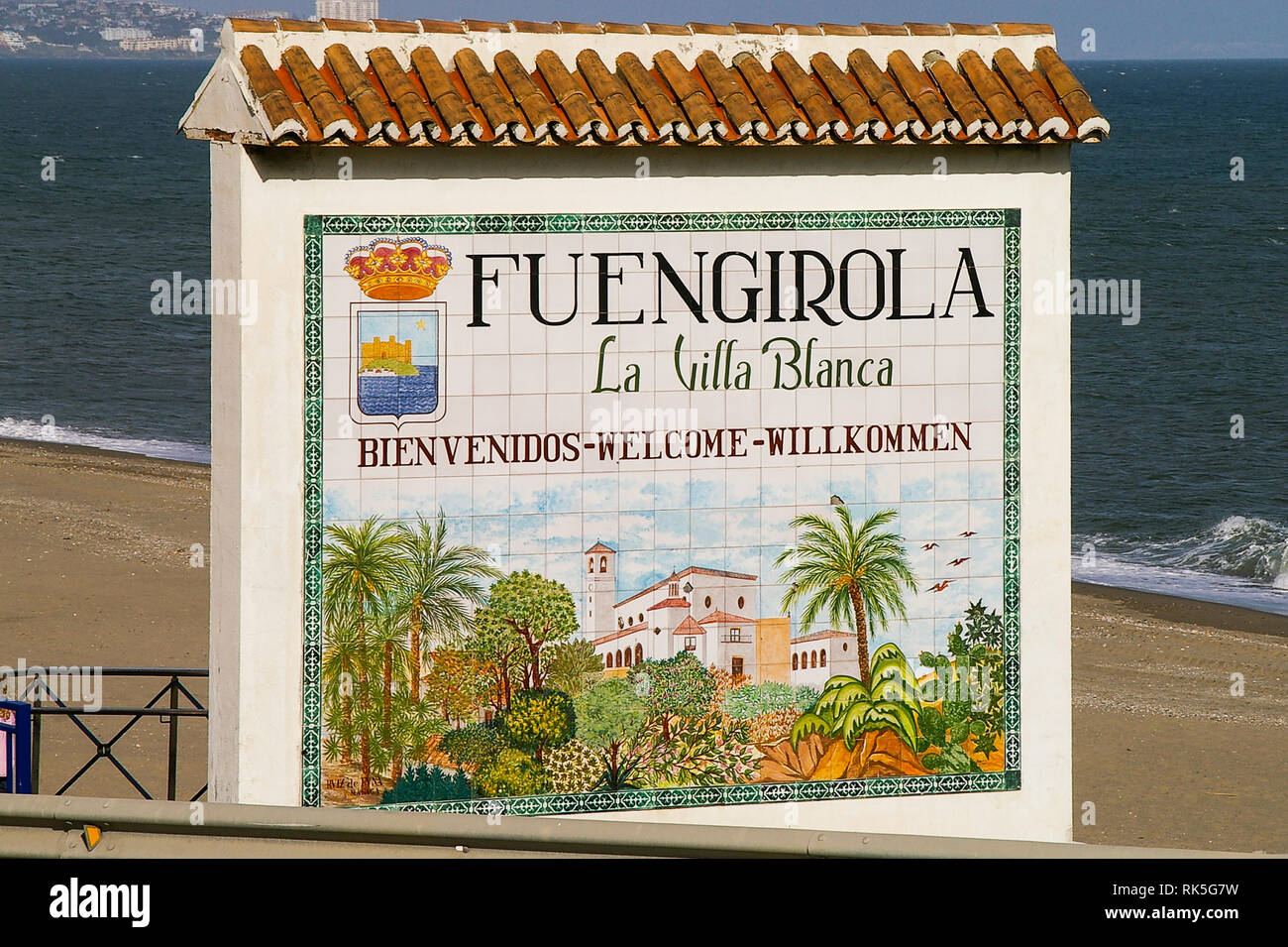 Welcome sign to Fuengirola, on the Costa del Sol in the province of ...